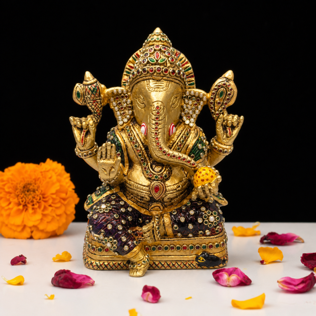 Brass Ganesh Idol on Chowki with Stone Work 7" | Decorative Pooja ...